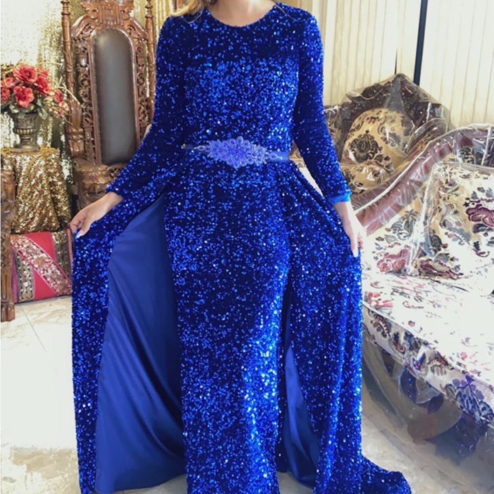 Royal Blue Removable Overskirt Velvet Dress - Gem